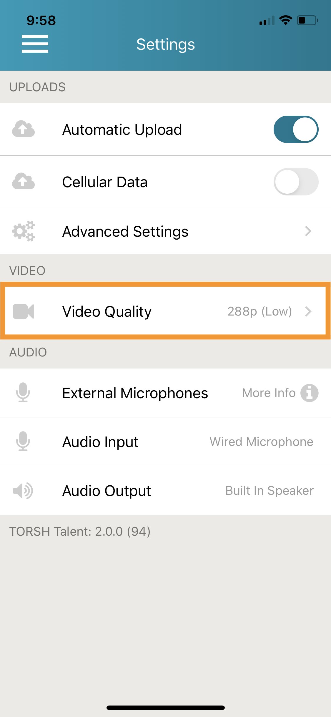 How to change the recording quality of the TORSH Talent Mobile App ...